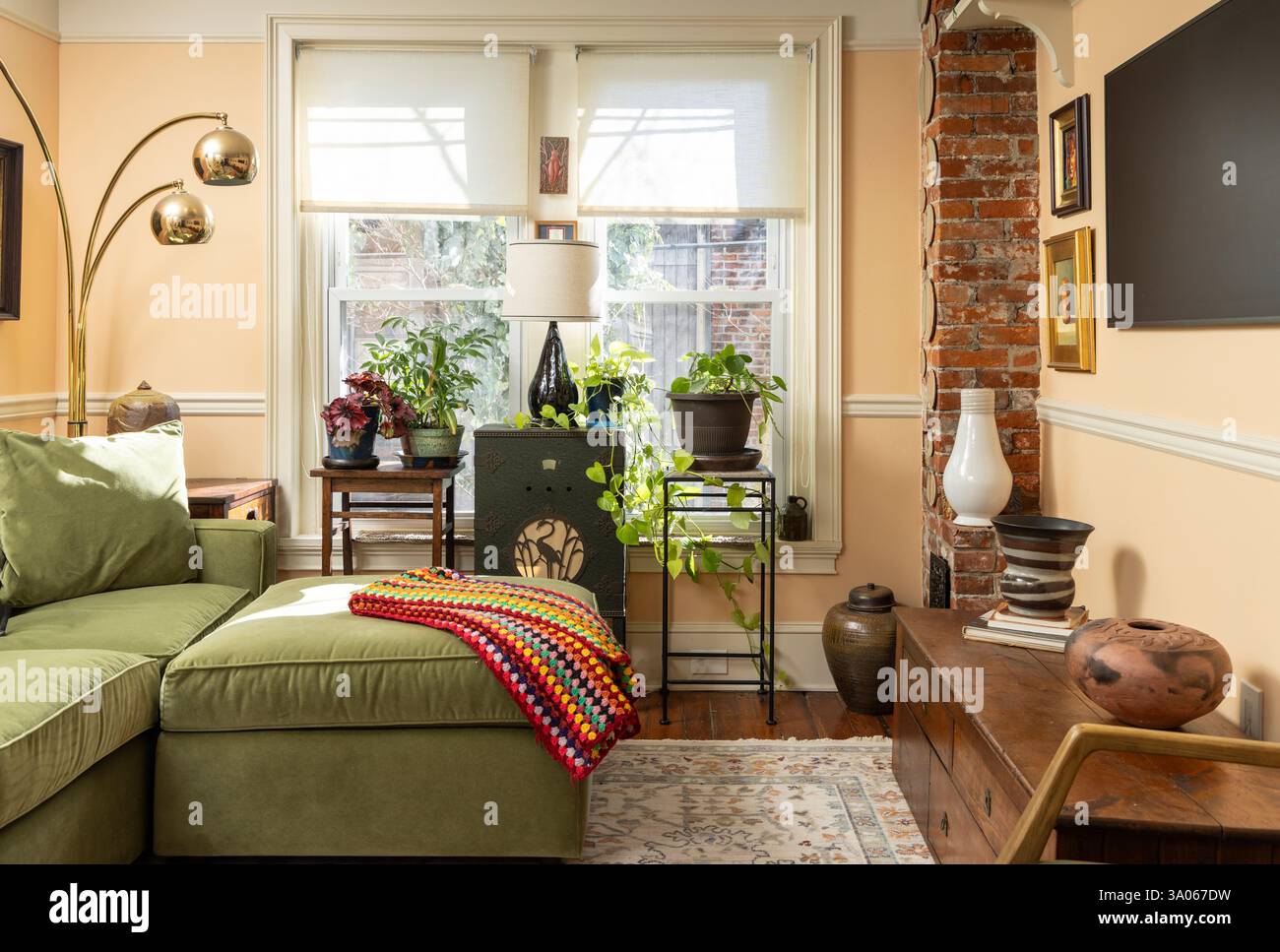 Gallery wall with television, peach walls and houseplants, Philadelphia ...