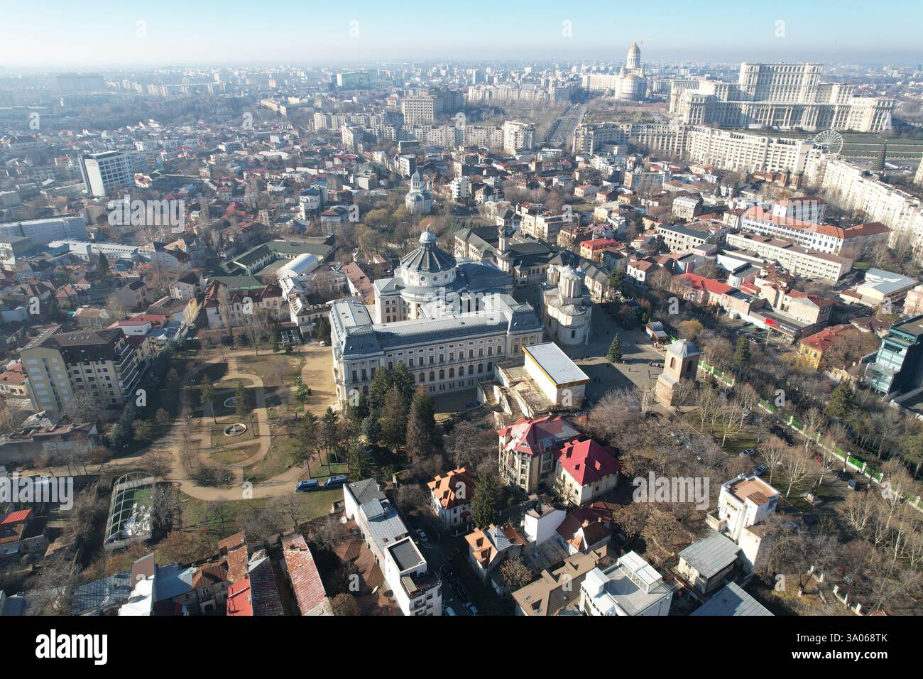 Bucharest, Romania - January 01, 2025: Aerial drone view over downtown ...