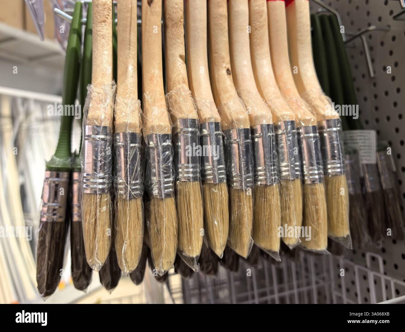 Various brushes, wrapped in plastic, await eager artists in a vibrant ...