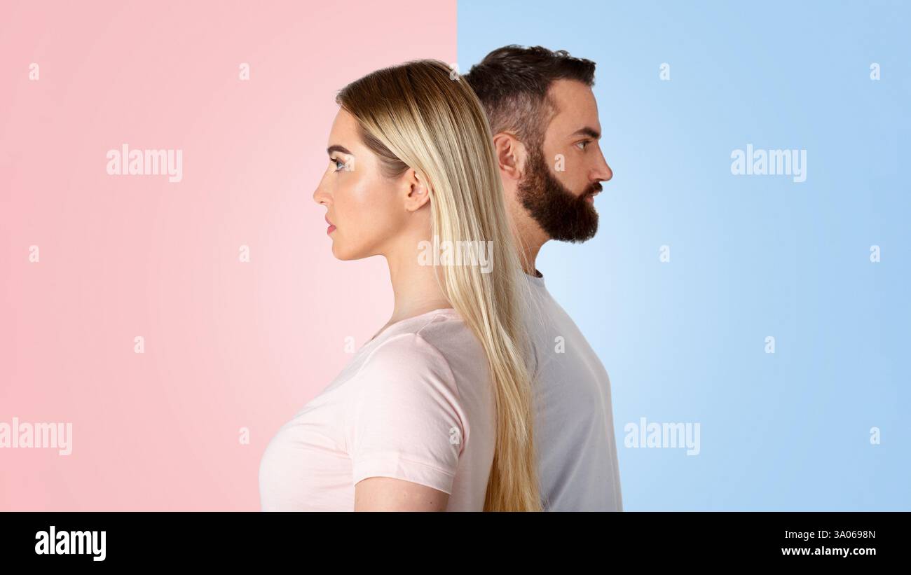 Couple facing relationship challenges in a creative split background ...