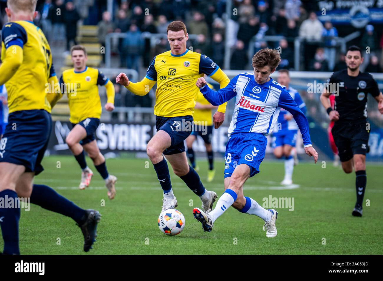 Odense, Denmark. 02nd Mar, 2025. Max Ejdum (18) of Odense BK and Zander ...