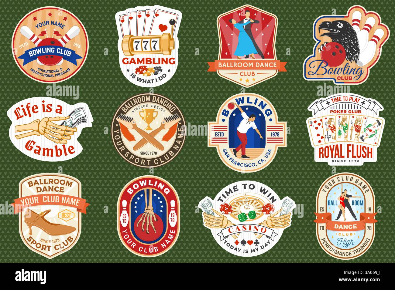 Gambling, ballroom dance and bowling sports club stickers, logos ...