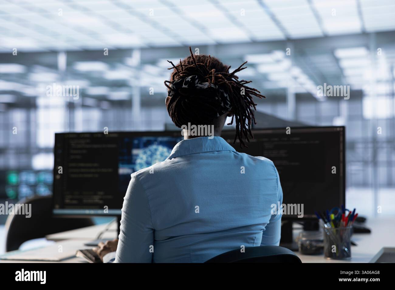 Programmer in data center using artificial intelligence computing simulating human brain thought ...