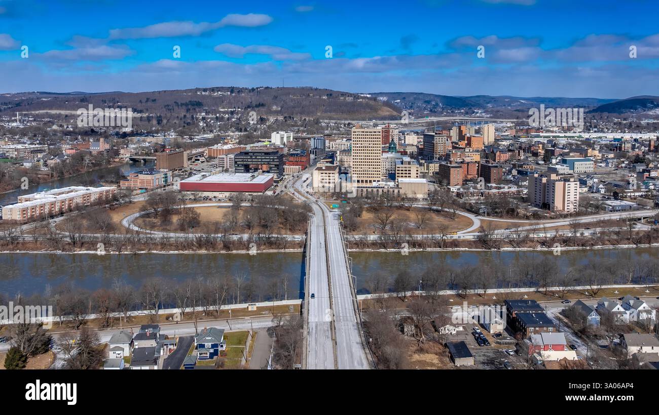 Binghamton, NY, USA - 03-02-2025: Winter afternoon aerial photo over ...