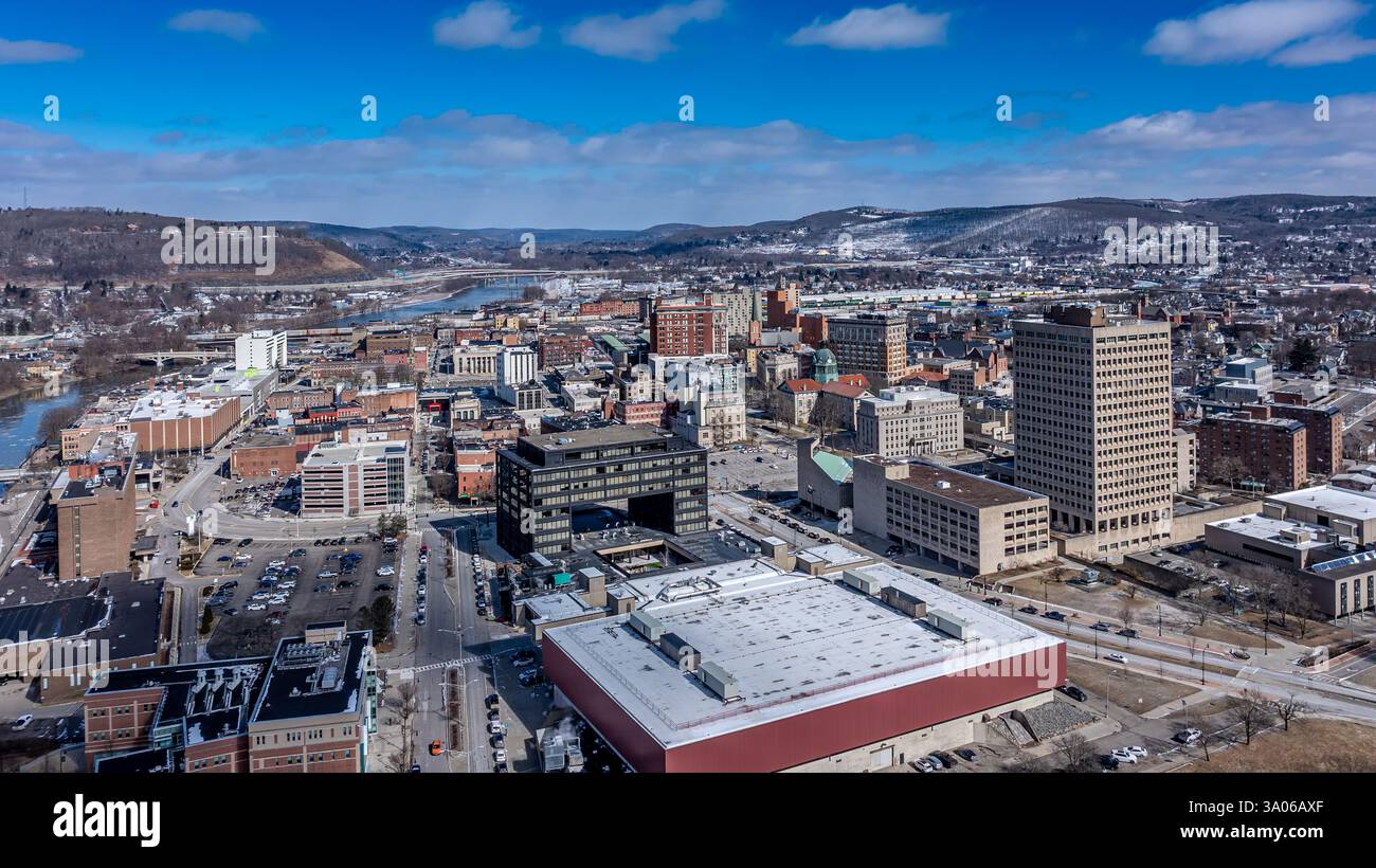 Binghamton, NY, USA - 03-02-2025: Winter afternoon aerial photo over ...