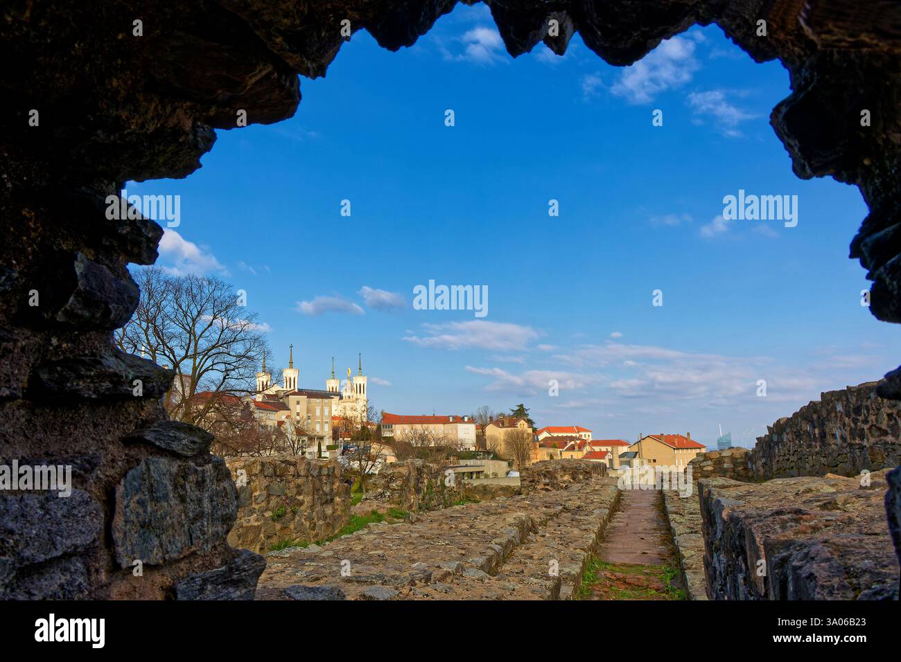 LYON, FRANCE, March 1, 2025 : Through the frame of ruins of antique ...
