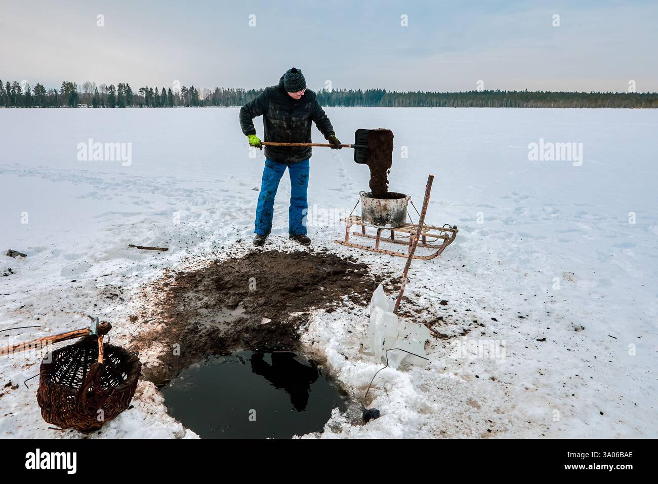 Using pole basket, man mines natural resources sapropel from lake floor ...