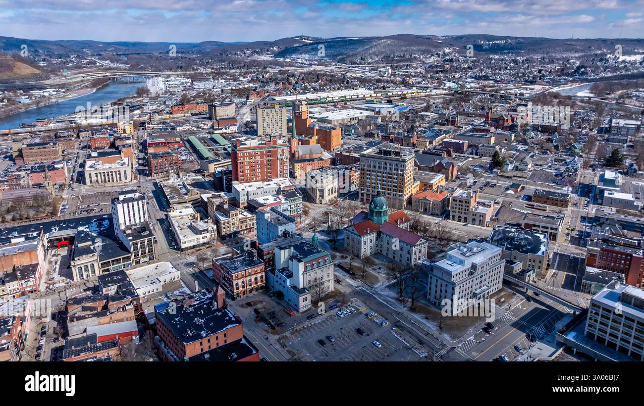 Binghamton, NY, USA - 03-02-2025: Winter afternoon aerial photo over ...