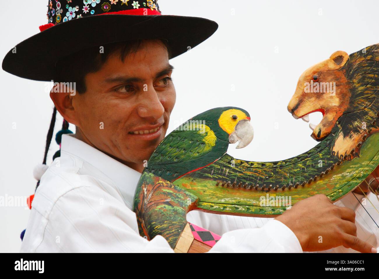 A harp player accompanying Peruvian scissors dancers performs on ...