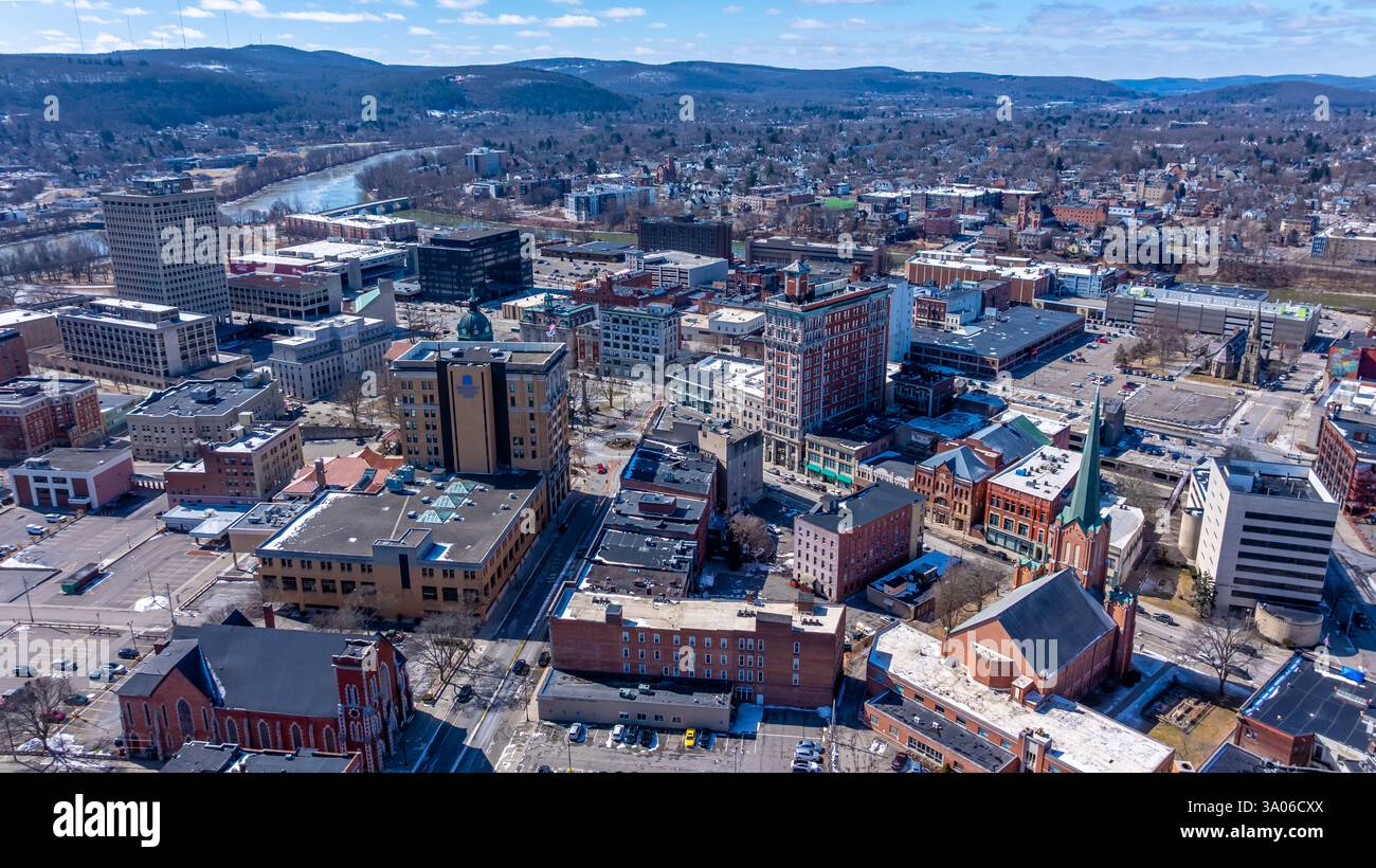 Binghamton, NY, USA - 03-02-2025: Winter afternoon aerial photo over ...