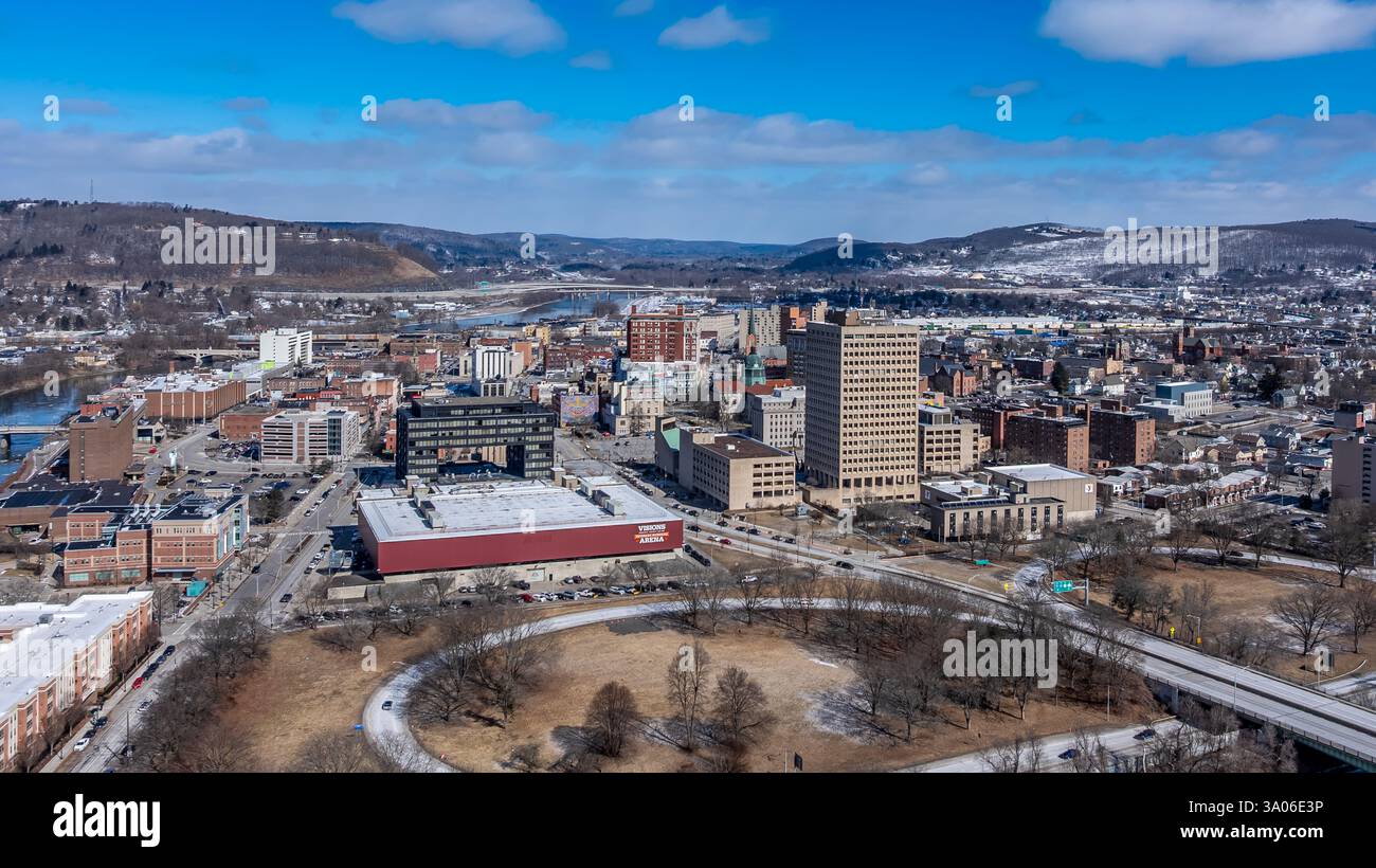 Binghamton, NY, USA - 03-02-2025: Winter afternoon aerial photo over ...