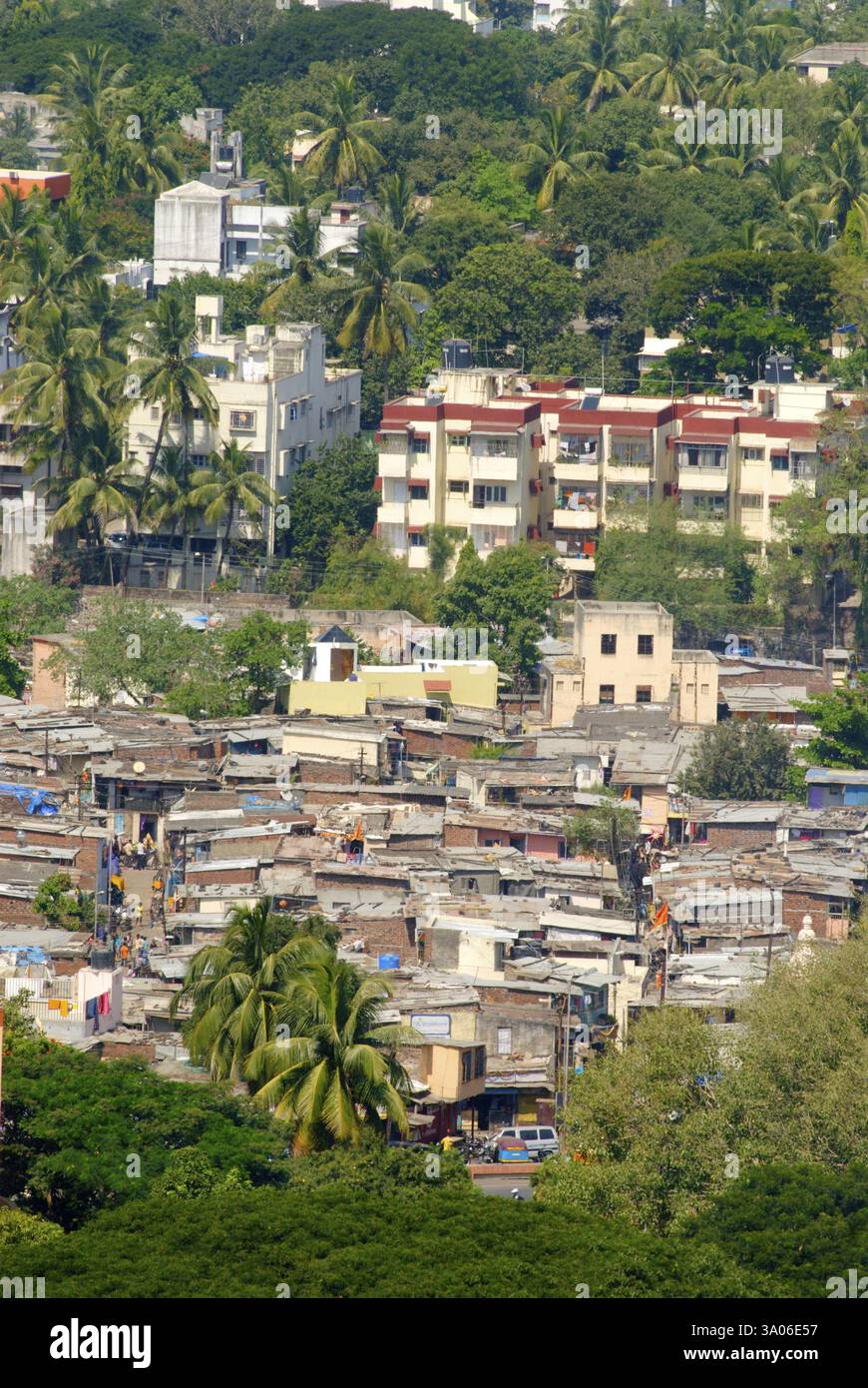 Aerial view of slum, buildings and greenery from Parvati hill, Pune ...