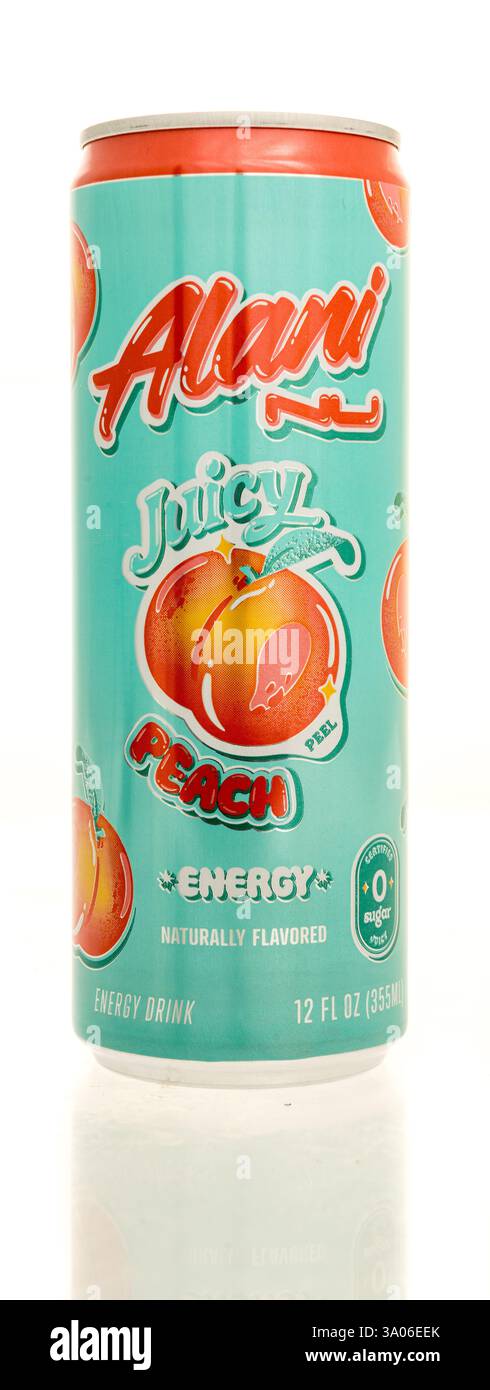 Winneconne, WI - 2 March 2025: A can of Alani nu juicy peach energy ...