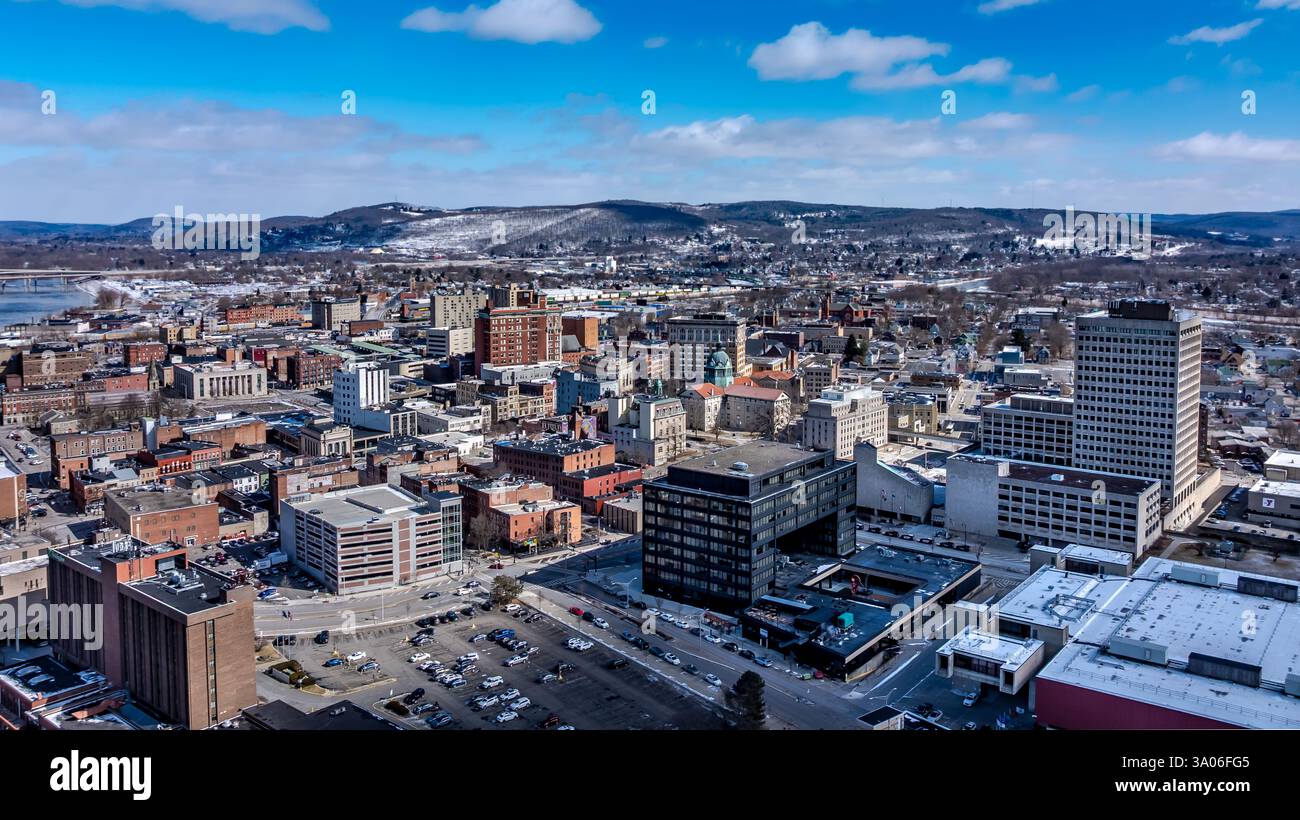 Binghamton, NY, USA - 03-02-2025: Winter afternoon aerial photo over ...