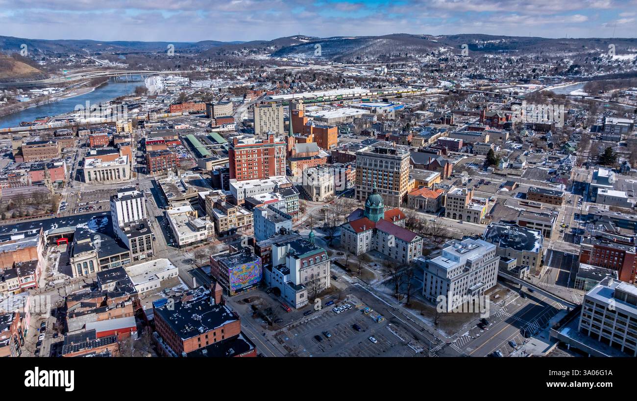 Binghamton, NY, USA - 03-02-2025: Winter afternoon aerial photo over downtown Binghamton, NY ...