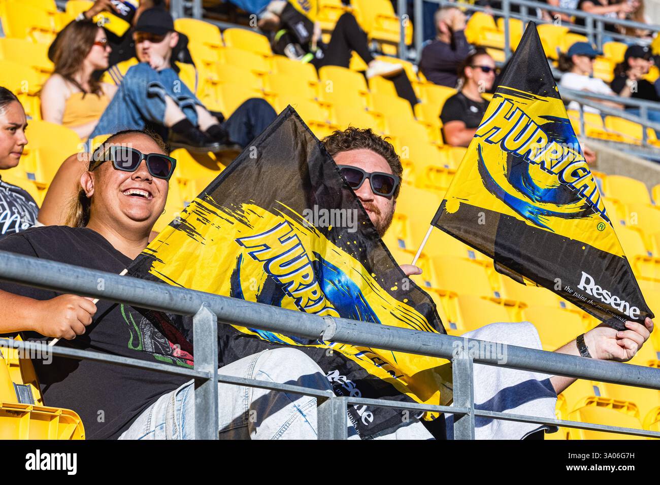 Wellington, New Zealand, 1 March, 2025. Hurricanes fans pose for a ...