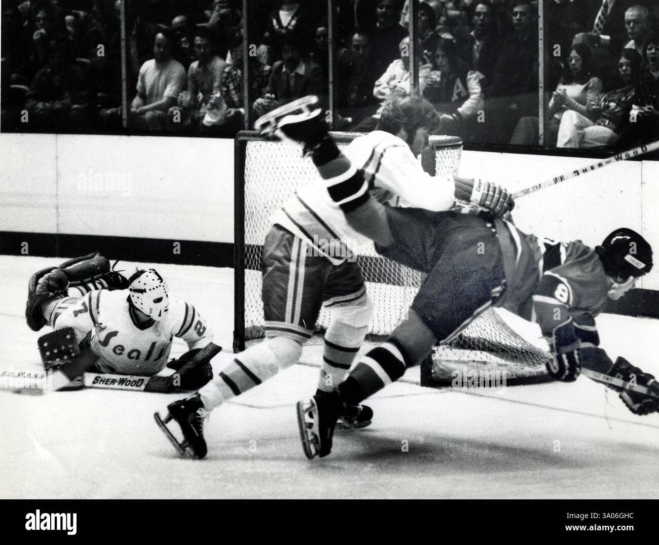 California Golden Seals Bobby Stewart (4) knocks Montreal Canadiens ...