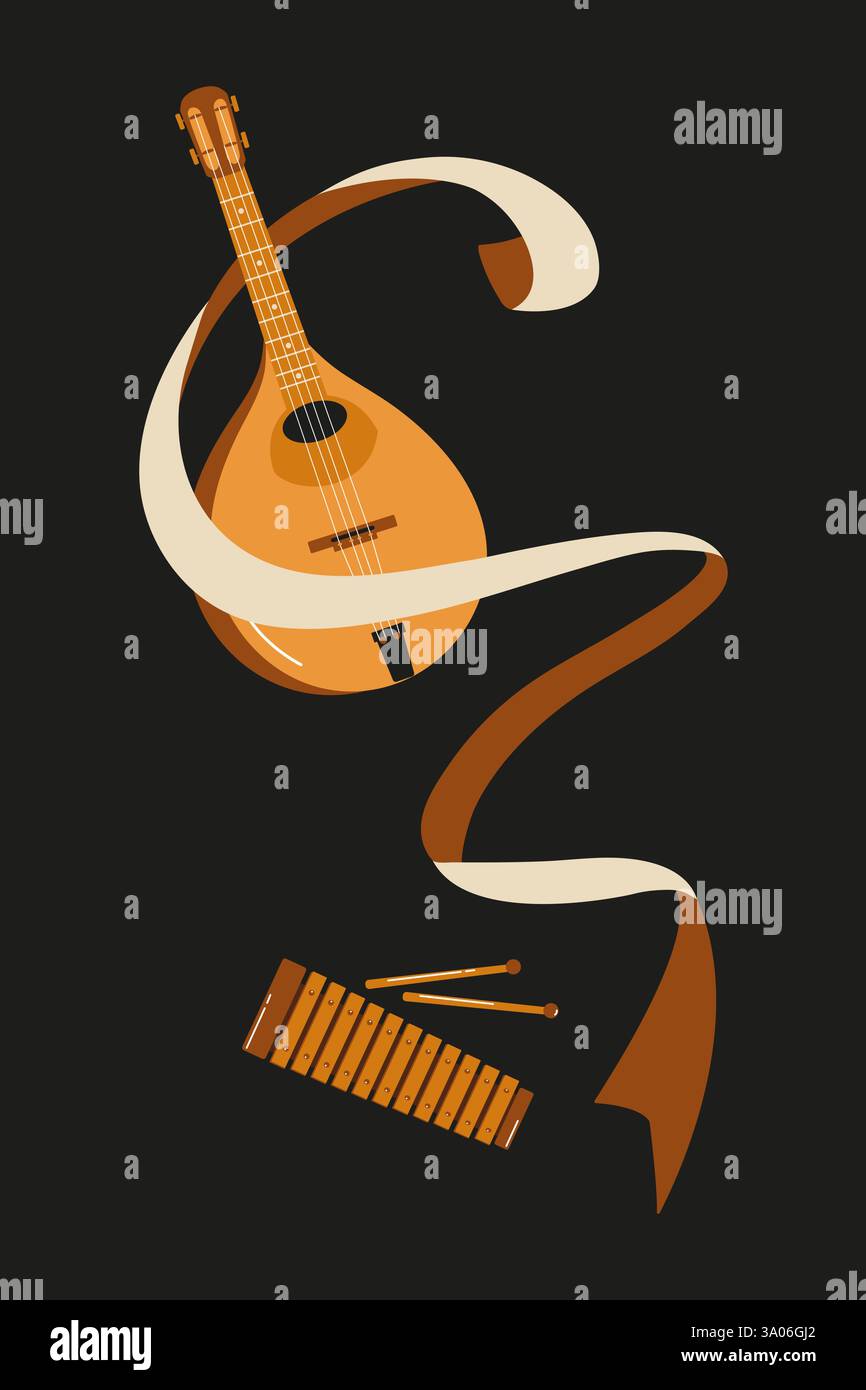 Musical instruments with ribbons creating a dynamic visual effect in a ...