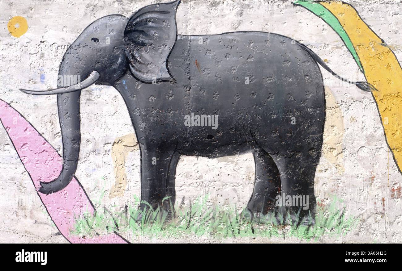 Elephant wild animal painted on wall of Rajiv Gandhi Zoological park ...