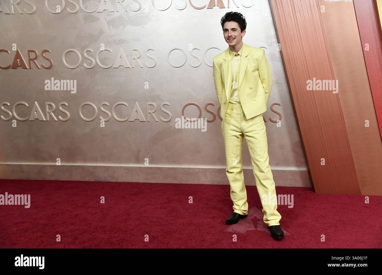 Timothee Chalamet arrives at the Oscars on Sunday, March 2, 2025, at ...