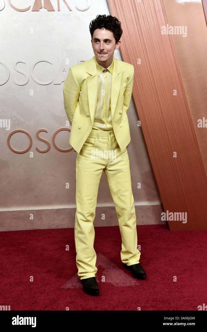 Timothee Chalamet arrives at the Oscars on Sunday, March 2, 2025, at the Dolby Theatre in Los ...