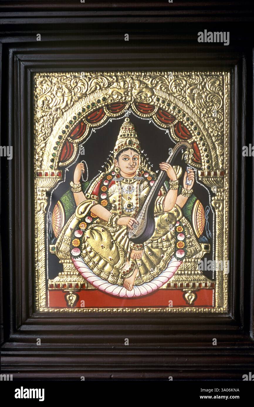 Painting of goddess saraswati playing veena, Tanjore Thanjavur in Tamil Nadu, India, Asia Stock ...