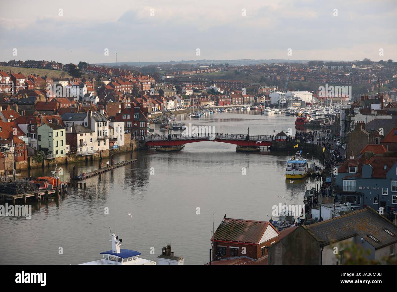 A bright spring day at Whitby on the Yorkshire coast, showing the ...