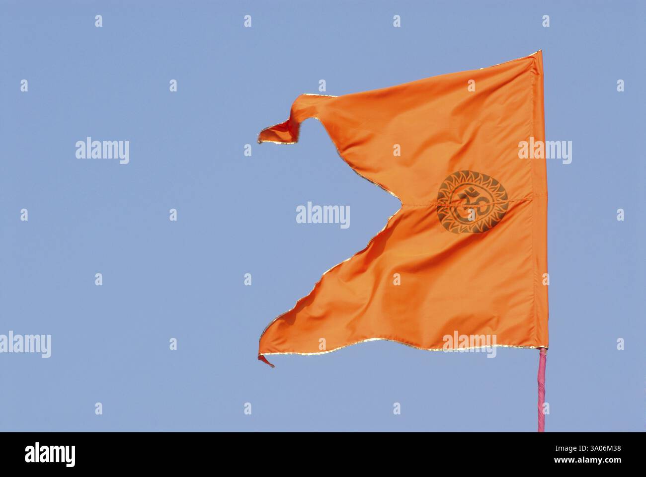 Scarlet color flag of Hindu religion with om holy symbol printed on it ...