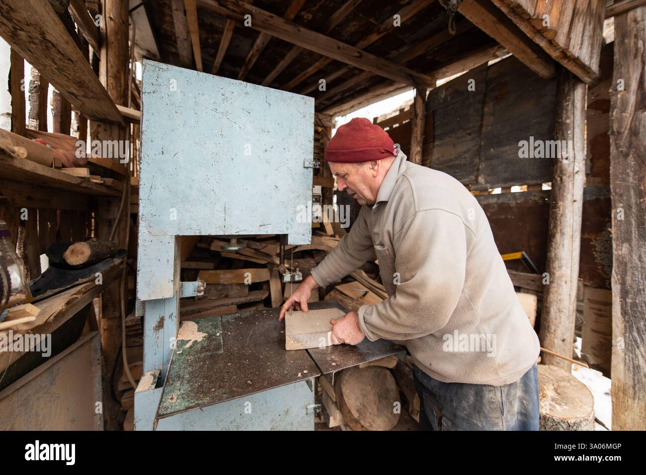 Carpenter Cutting Wood with a Bandsaw in a Rustic Workshop Stock Photo ...