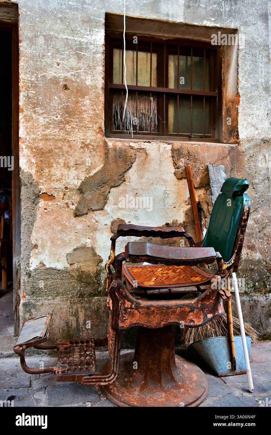 Old barber chair in Youbu Old Town, Lanxi County, Jinhua City, Zhejiang Province, China. The Old ...