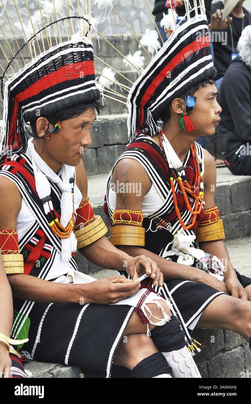 Naga tribe men at hornbill festival, Kohima, Kisama village, Nagaland ...