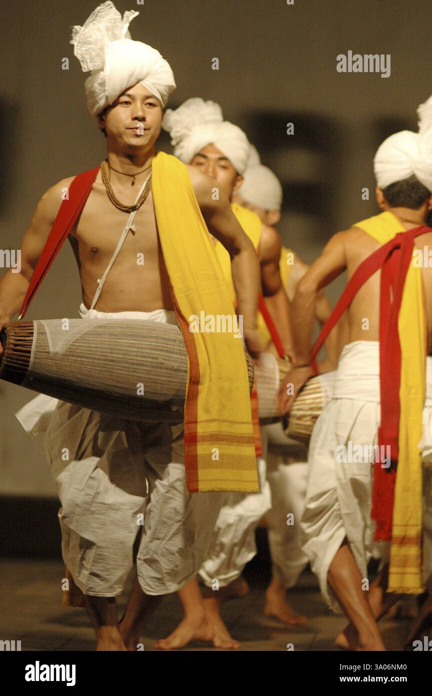 Traditional pung drummer, folk dance, Imphal, Manipur, India, Asia ...