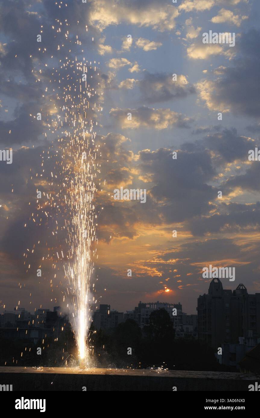 Ignited flower pot crackers firework celebrating diwali festival, Pune ...