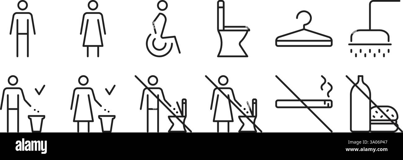 Toilet black line icon set, WC outline sign collection. Restrooms for ...