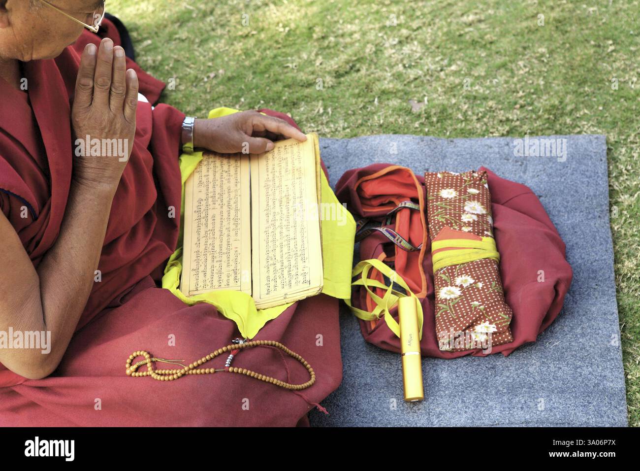 Buddhist monk reading scriptures, Sanchi, Madhya Pradesh, India, Asia ...