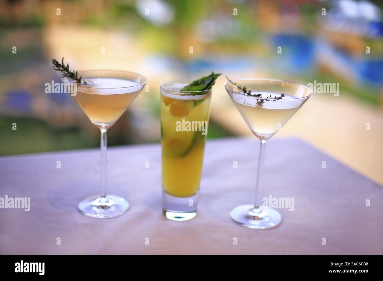 Gin based cool drinks in glass on dining table in hotel, Bombay Mumbai ...
