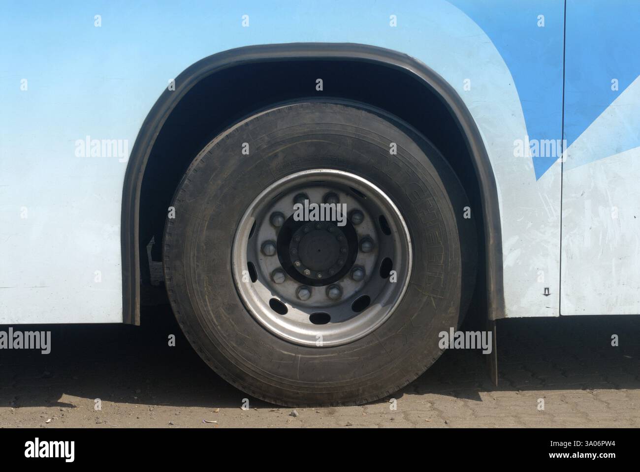 Close up of rear wheel of Volvo bus, Maharashtra, India, Asia Stock ...