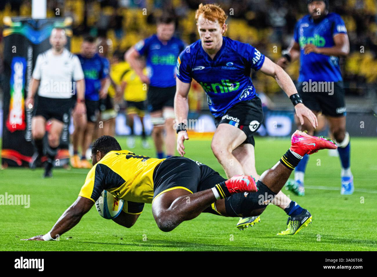 WELLINGTON, NEW ZEALAND - March 01: Hurricanes left winger Kini Naholo ...