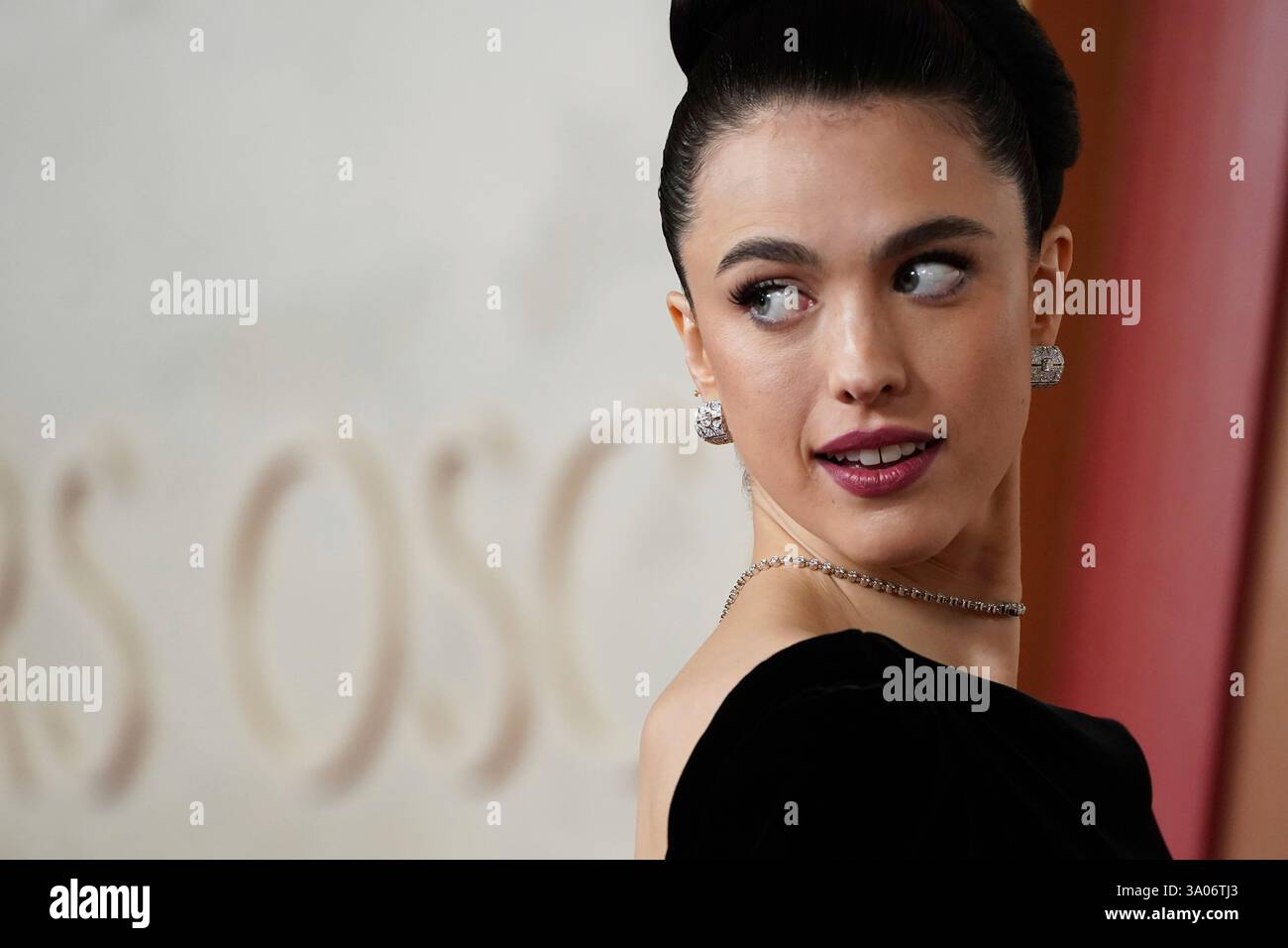 Margaret Qualley arrives at the Oscars on Sunday, March 2, 2025, at the ...