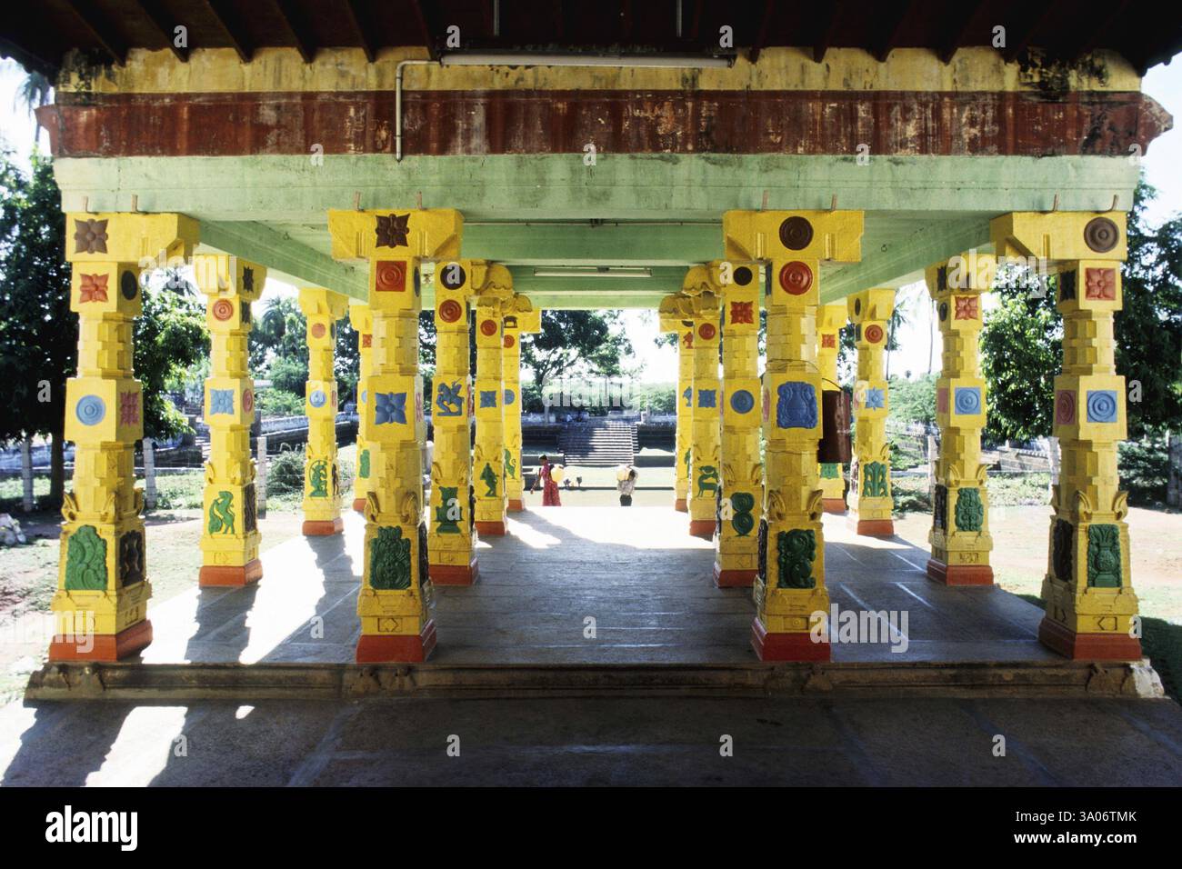 The painted mandapam of Soorakudi Temple just outside the main entrance ...