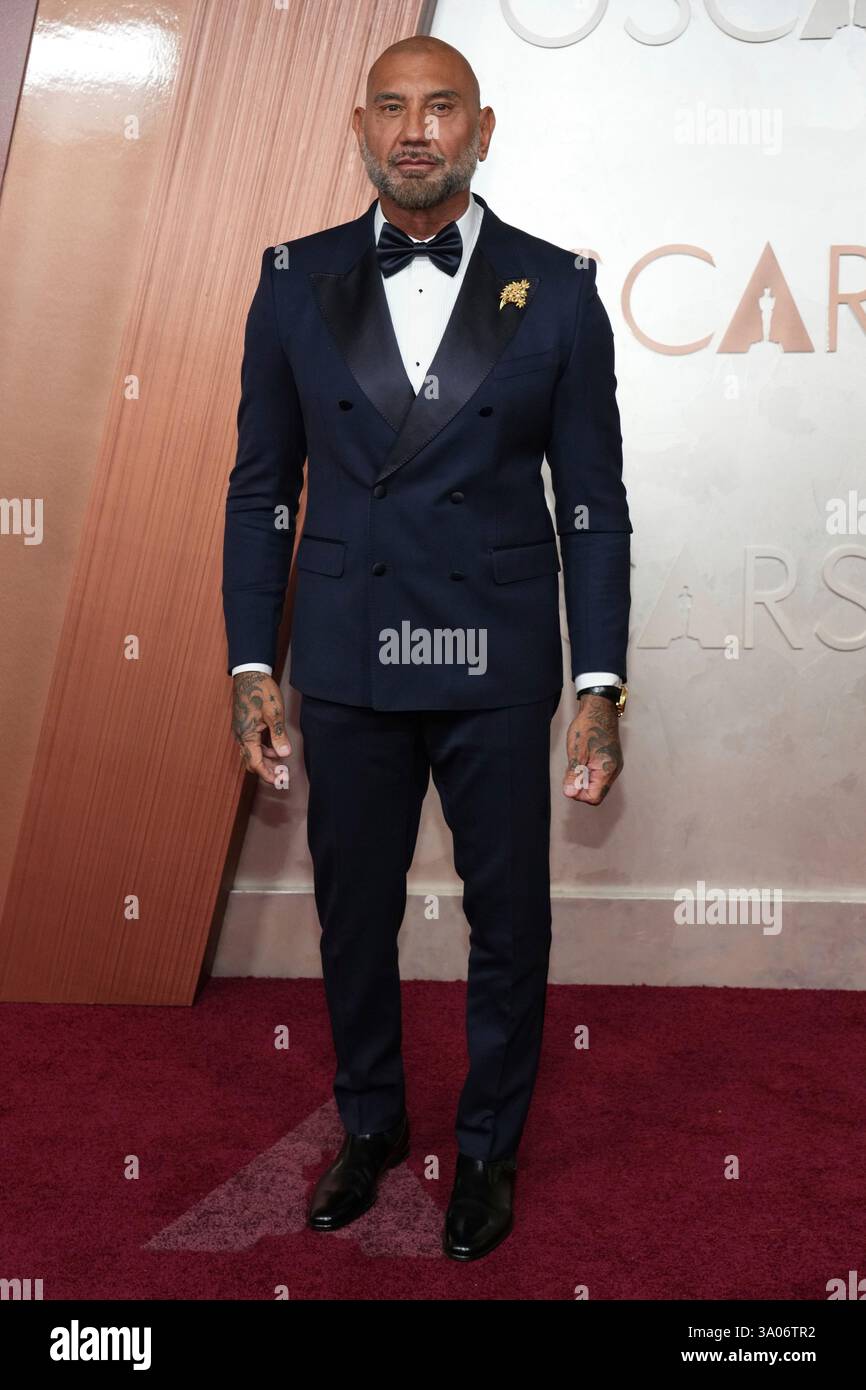 Dave Bautista arrives at the Oscars on Sunday, March 2, 2025, at the Dolby Theatre in Los ...