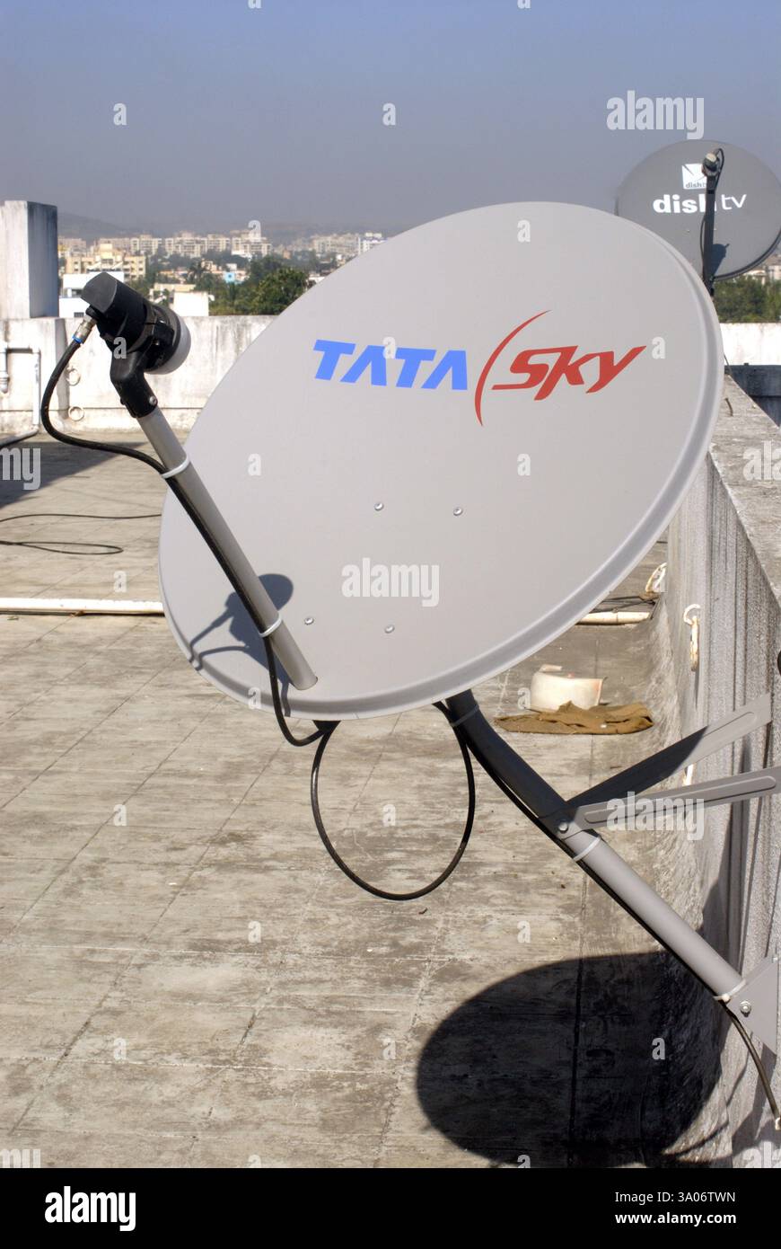 Dish Antenna of TATA Sky for satellite television fixed on terrace of ...
