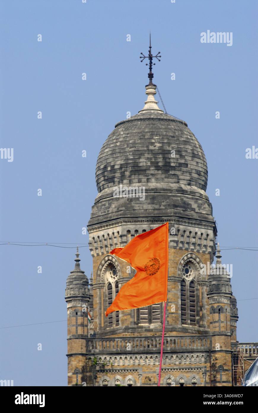 Scarlet color flag in front of dome of Mumbai Municipal Corporation ...