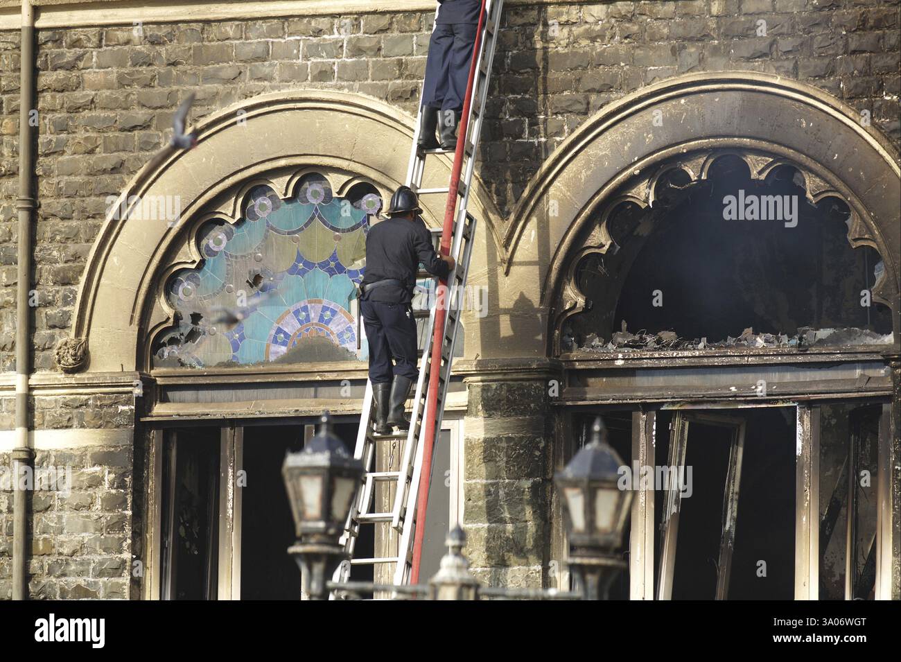 Mumbai fire fighter climbing on ladder to reach burnt windows of Taj ...