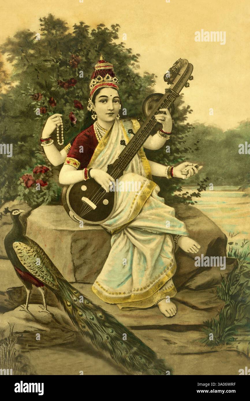 Old picture postcard of devi sarasvati playing veena with peacock Stock ...