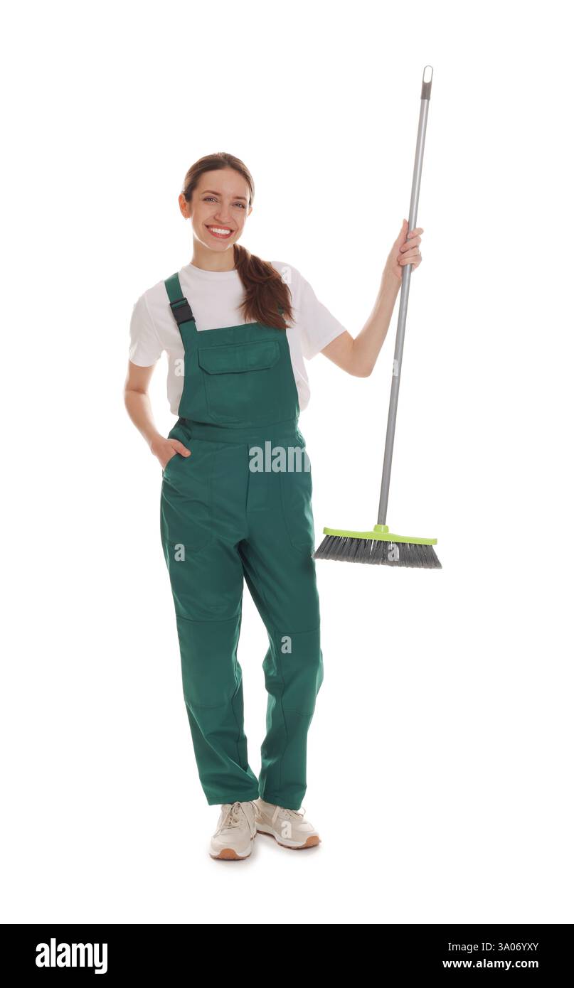 Smiling cleaning service worker with broom on white background Stock ...