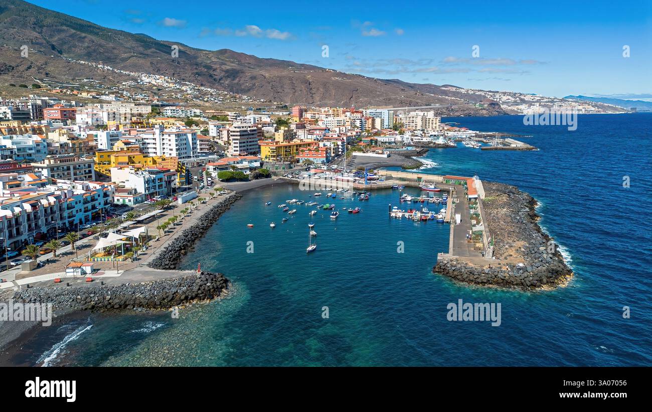 Aerial view of the fishing harbour of Candelaria, a coastal village ...