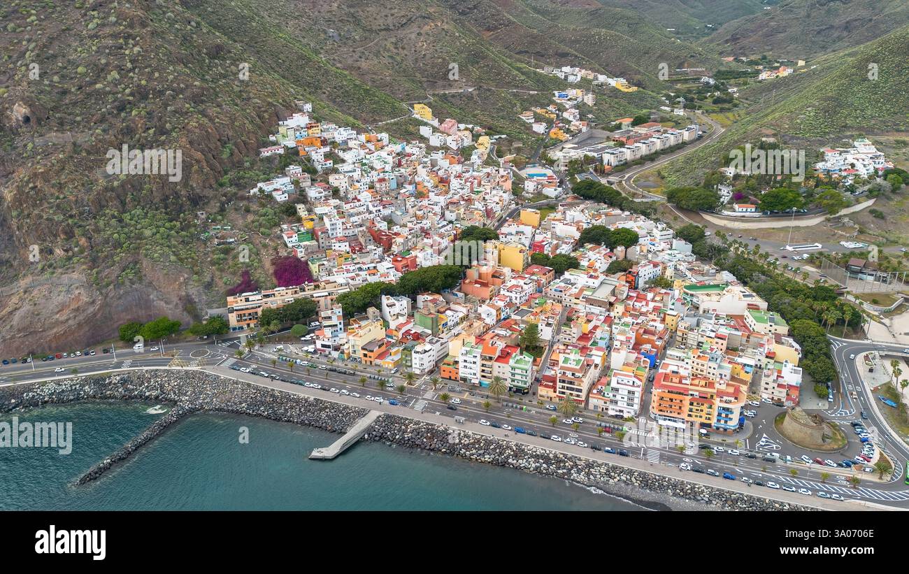 Aerial view of the hillside village of San Andrés in the Anaga massif ...