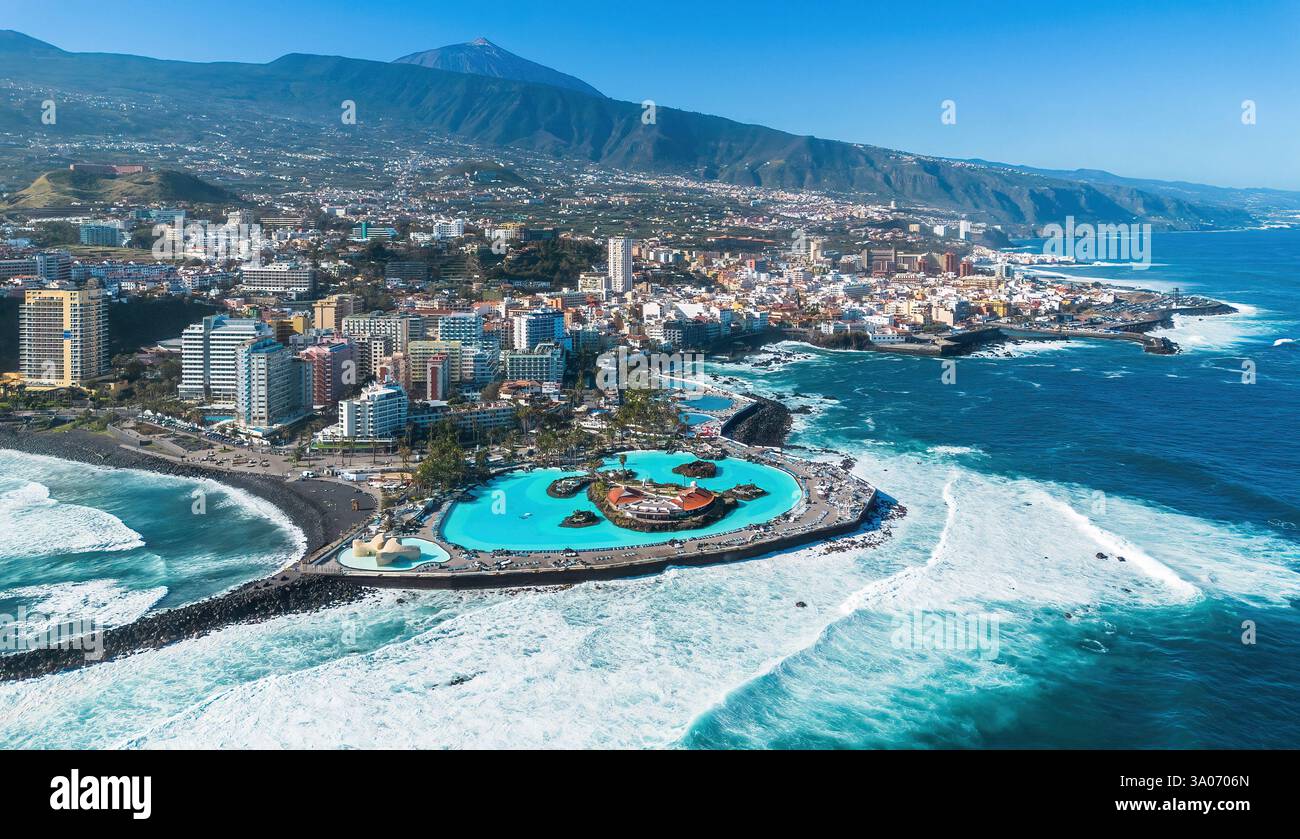 Aerial view of Puerto de la Cruz on the northern coast of Tenerife in ...