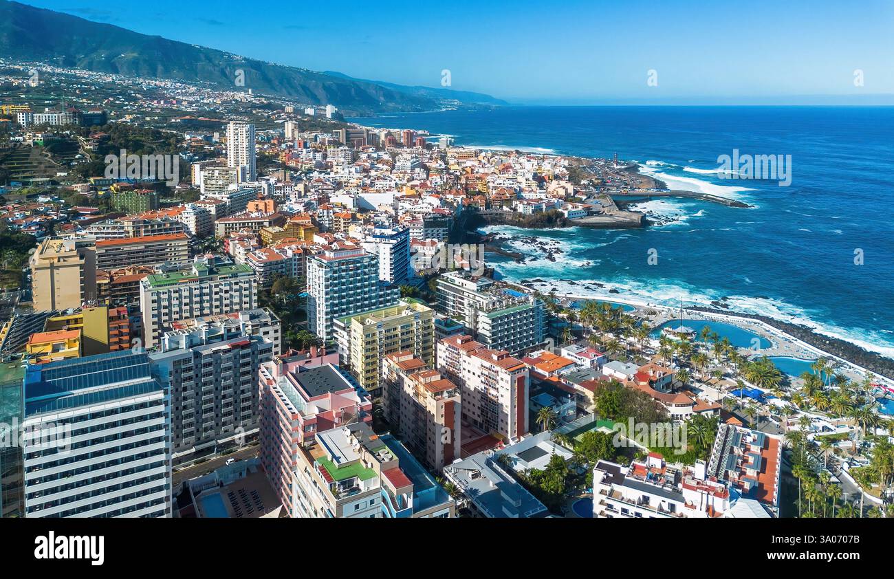 Aerial view of Puerto de la Cruz on the northern coast of Tenerife in ...